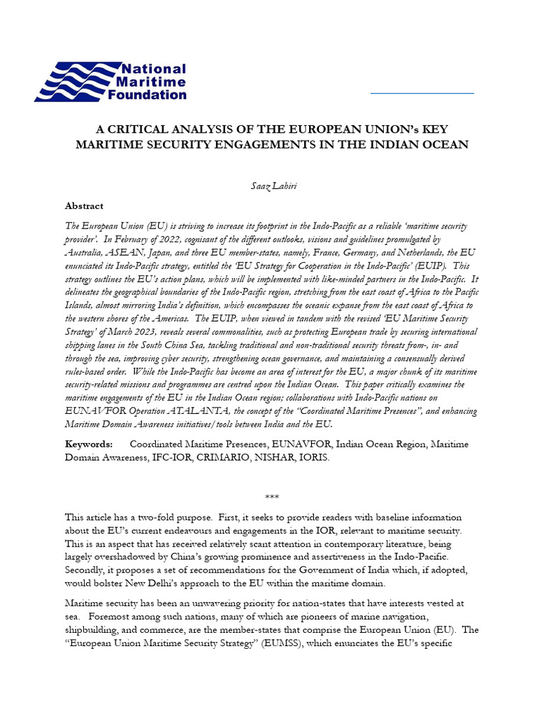 Critical Analysis of The EUs Key MarSec Engagements in The IO | PDF