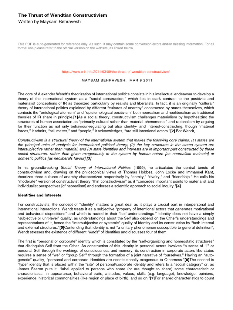 Alexander Wendt Constructivism | PDF | Identity (Social Science)