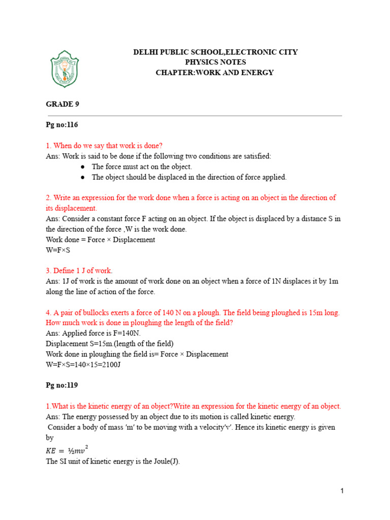Grade 9 Physics: Work and Energy Notes | PDF | Force | Potential Energy