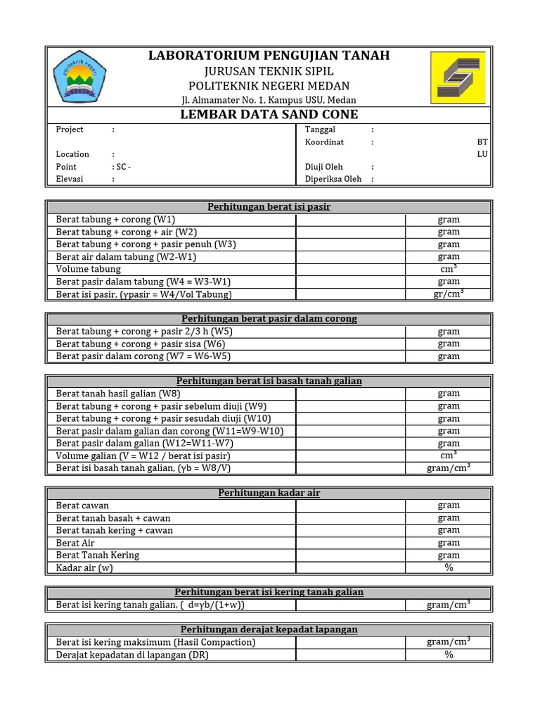 Lembar Data Uji Sand Cone | PDF
