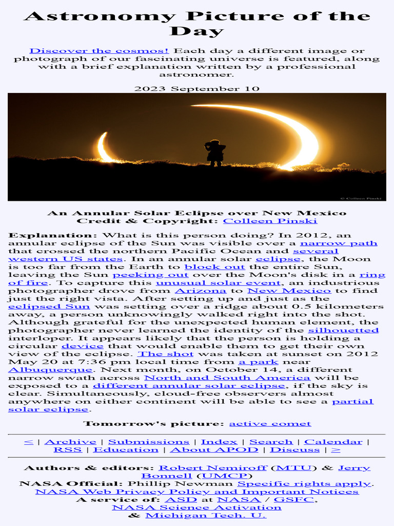 APOD 2023 September 10 - An Annular Solar Eclipse Over New Mexico | PDF