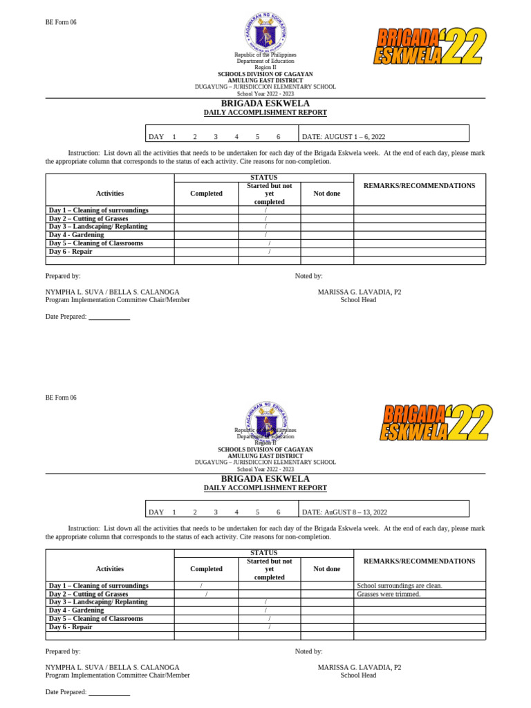 Be Form 6 Daily Accomplishments | PDF