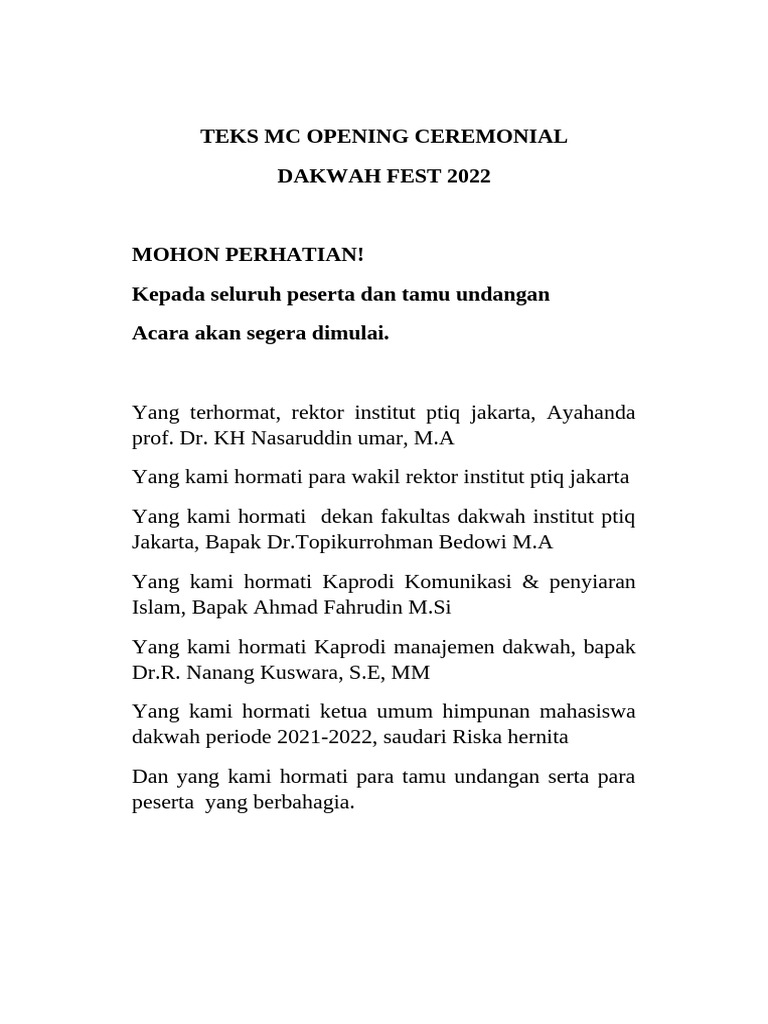 Teks MC Opening Ceremonial Dakfest2022 | PDF