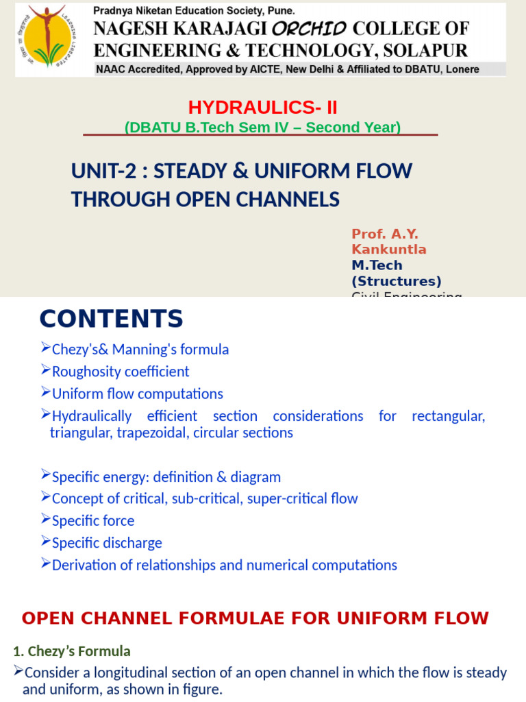 Steady Uniform Flow in Open Channels | PDF | Chemical Engineering | Dynamics (Mechanics)