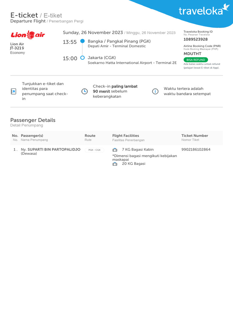 E-Tiket Lion Air: Info Penerbangan dan Refund | PDF