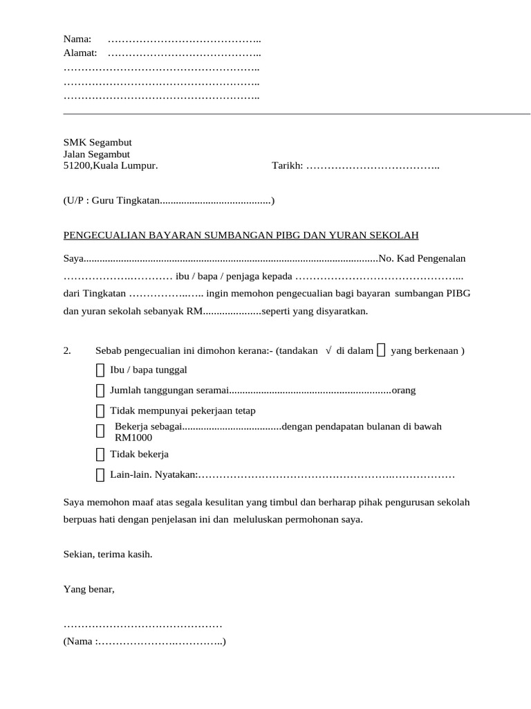 SURAT PENGECUALIAN PIBG | PDF