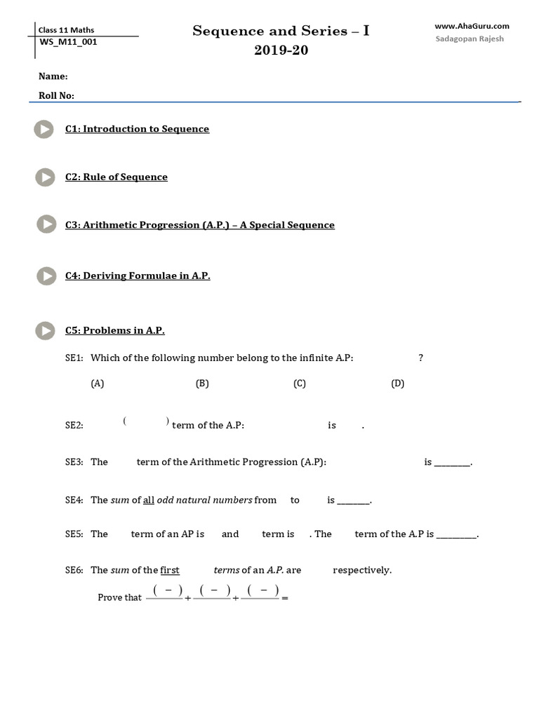 Sequence and Series I Worksheet | PDF | Number Theory | Mathematical ...