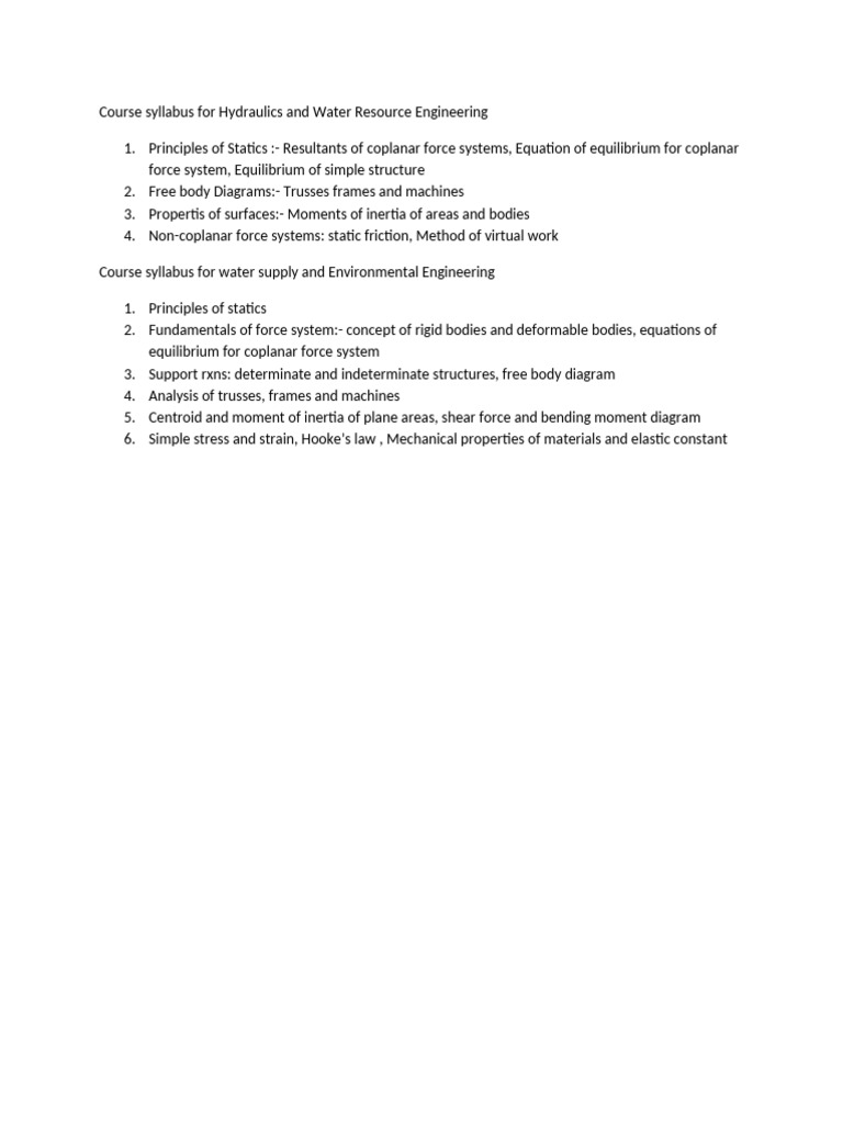 Course Syllabus For Hydraulics and Water Resource Engineering | PDF