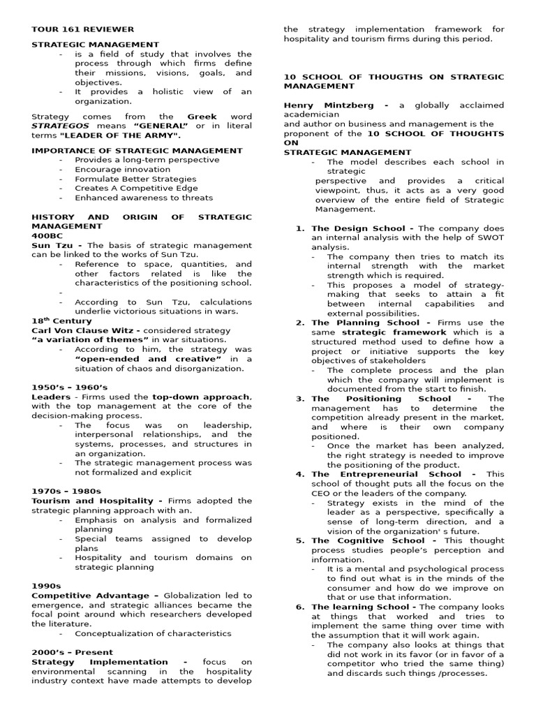 Tour 161 Reviewer | PDF | Strategic Management | Strategic Planning