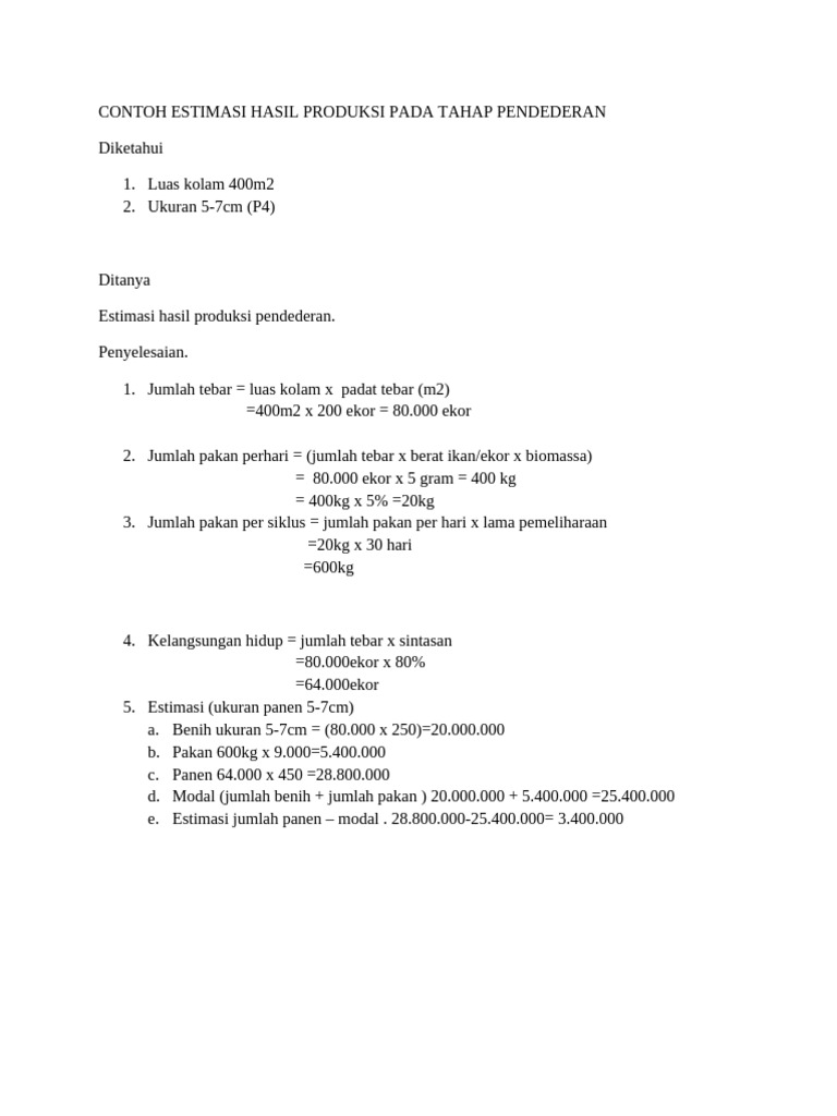 Contoh Estimasi Hasil Produksi Pada Tahap Pendederan | PDF