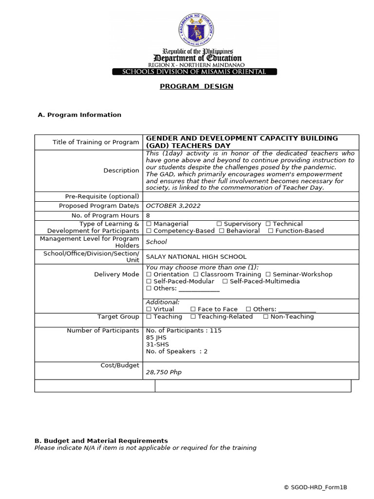 GAD SEPTEMBER 30 HRD-Form-1B-Training-Design-For-District-and-School-Level | PDF | Learning