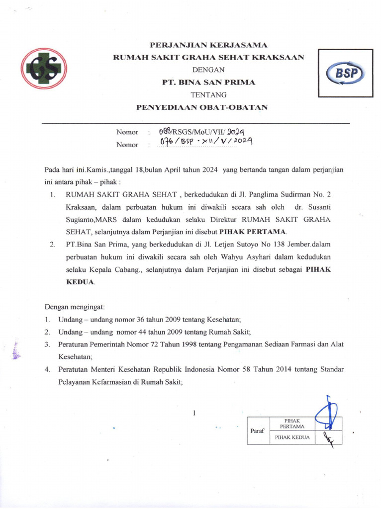 PERJANJIAN KERJASAMA PT. BINA SAN PRIMA - 2024 | PDF