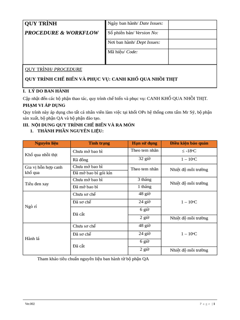 (QTCB) Quy Trình Chế Biến Và Phục Vụ Canh Khổ Qua Nhồi Thịt | PDF