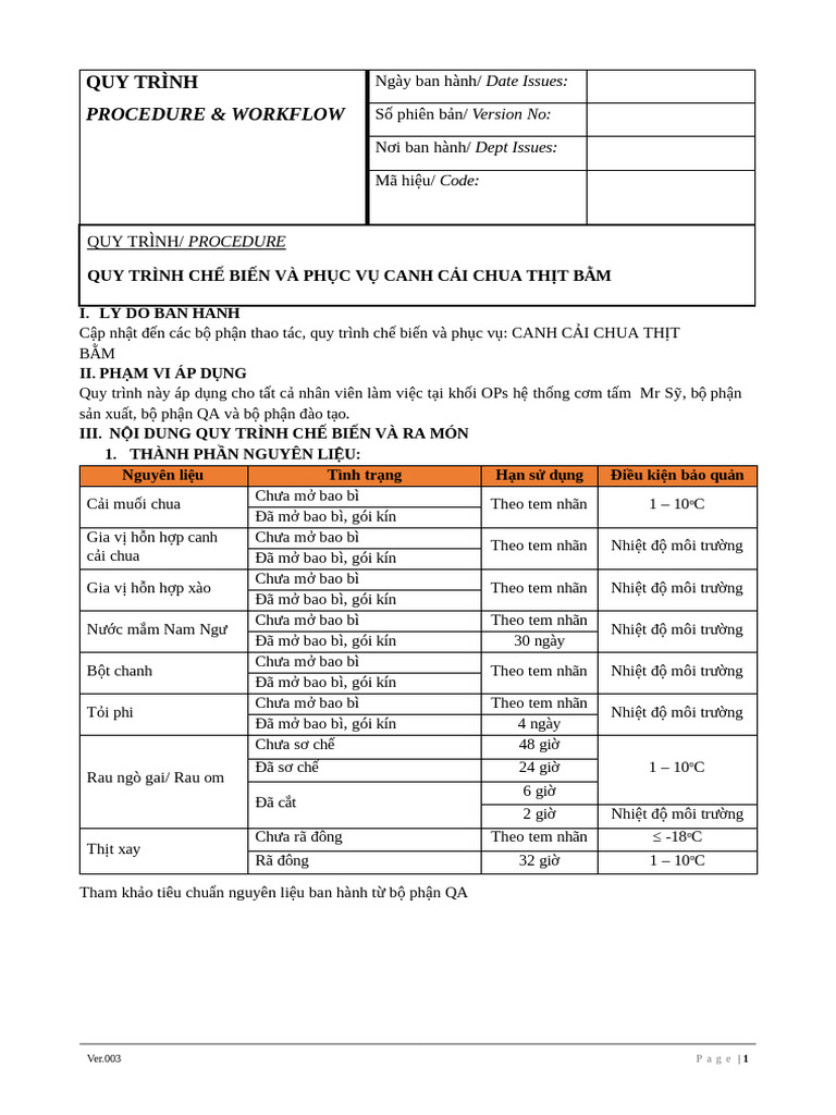 (QTCB) Quy Trình Chế Biến Và Phục Vụ Canh Cải Chua Thịt Bằm | PDF