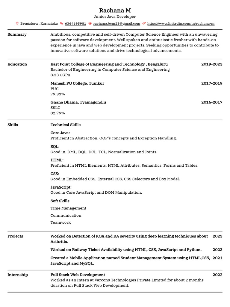 Rachana M (Resume) (1) | PDF | Html | Java Script