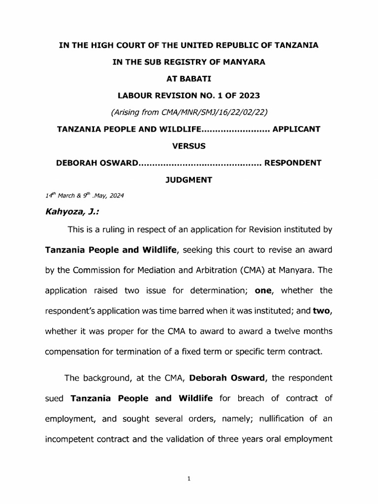 Tanzania People and Wildlife Vs Deborah Osward (Labour Revision 1 of 2023) 2024 | PDF | Breach ...