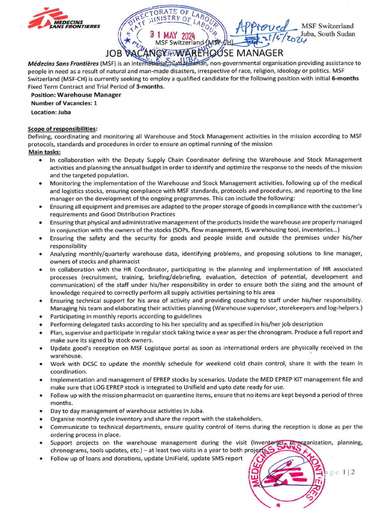 Warehouse Manager - Juba - Job Advert - 31-05-2024 | PDF