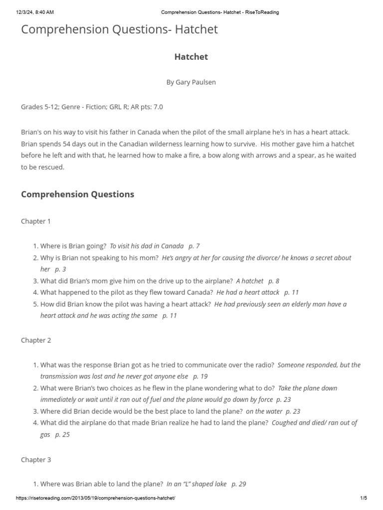 Hatchet Comprehension Questions Guide | PDF