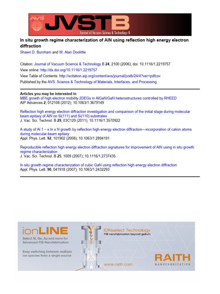 In Situ Growth Regime Characterization Of Aln Using Reflection High Energy Electron Diffraction