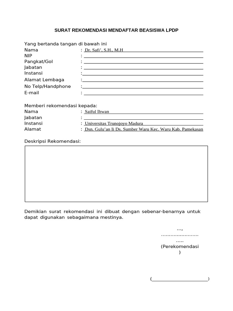 Surat Rekomendasi LPDP 2024 | PDF