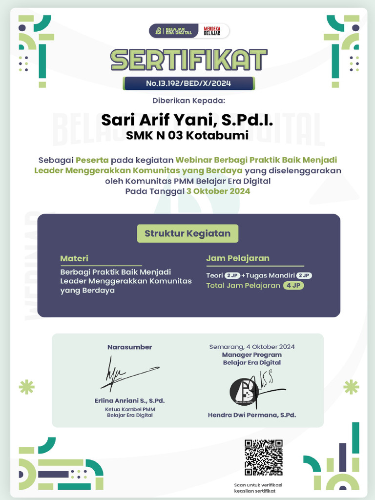 Sertifikat - Sari Arif Yani, S.pd.I-1 | PDF