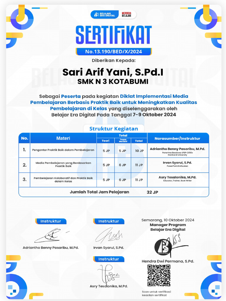 Sertifikat - Sari Arif Yani, S.pd.I-2 | PDF