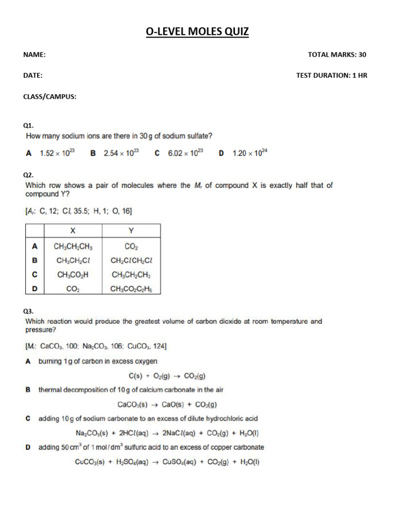OLEVEL MOLES QUIZ (2024) | PDF