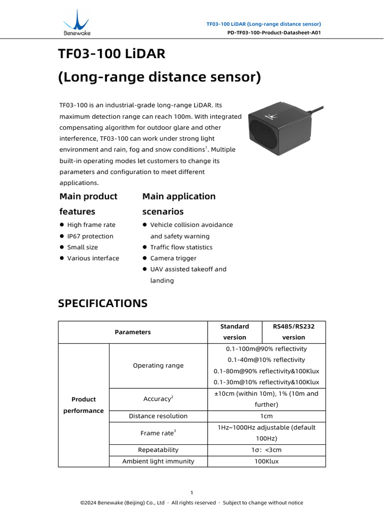 TF03-100 Datasheet | PDF | Lidar