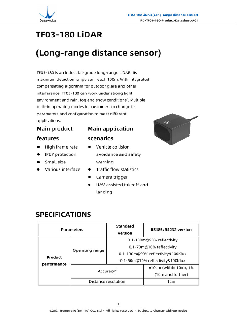 TF03-180 Datasheet | PDF | Lidar
