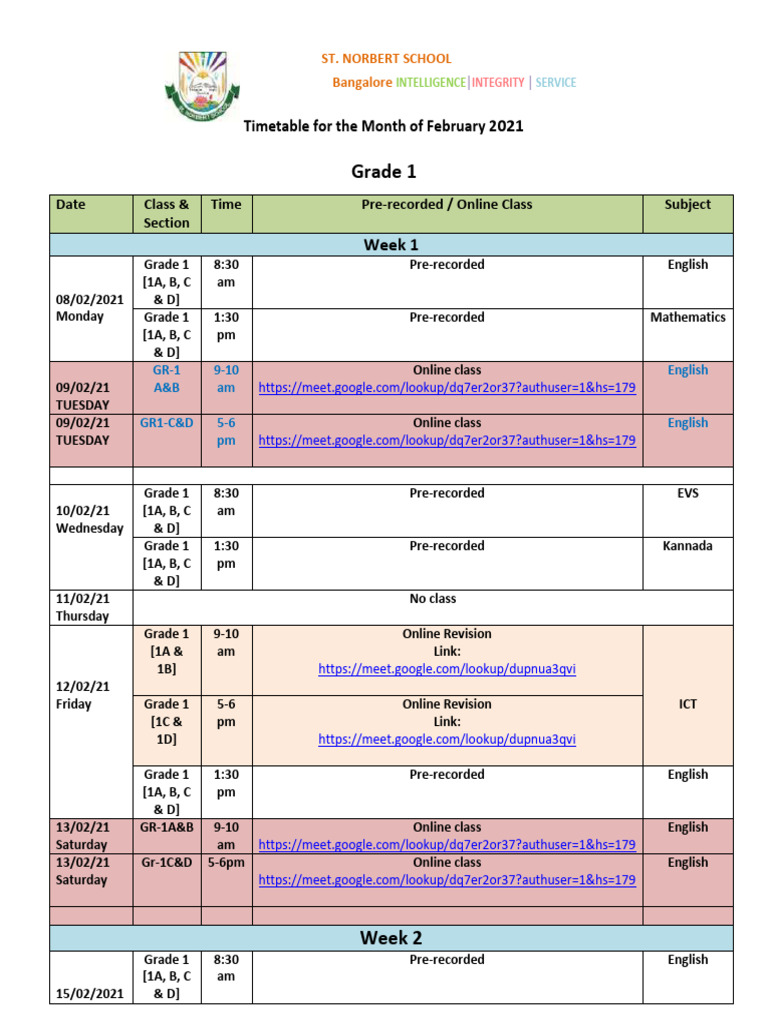 Grade 1-Timetable - Feb 21-Revised | PDF