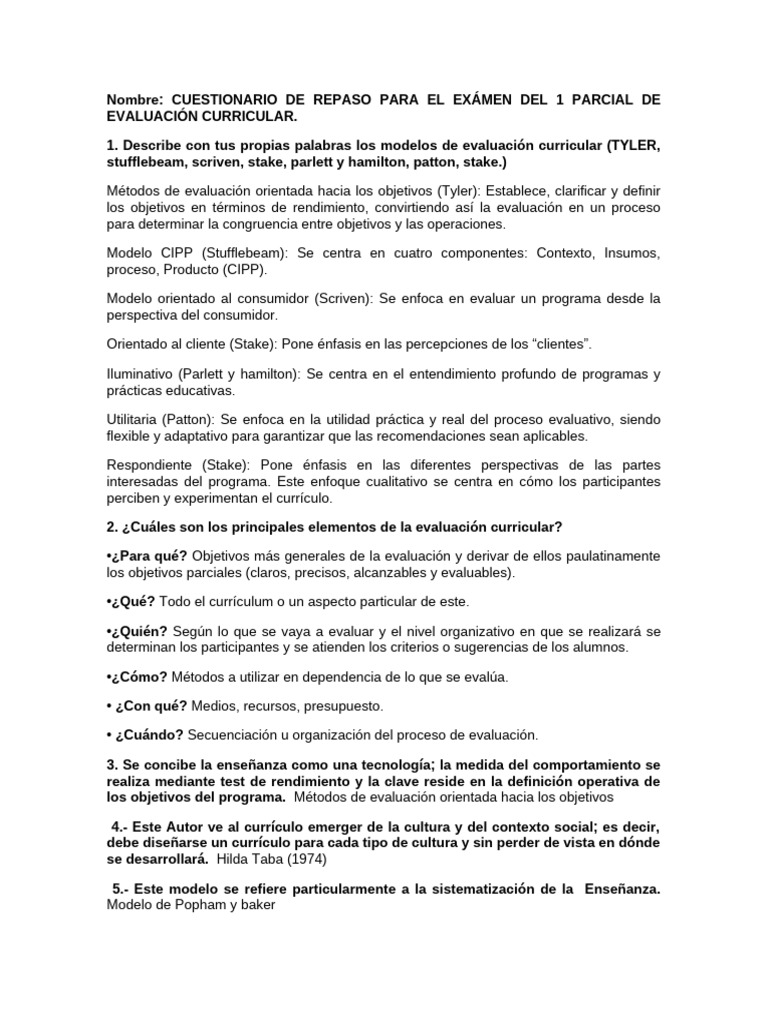 Cuestionario de Repaso para El Exámen Del 1 Parcial | PDF | Evaluación ...