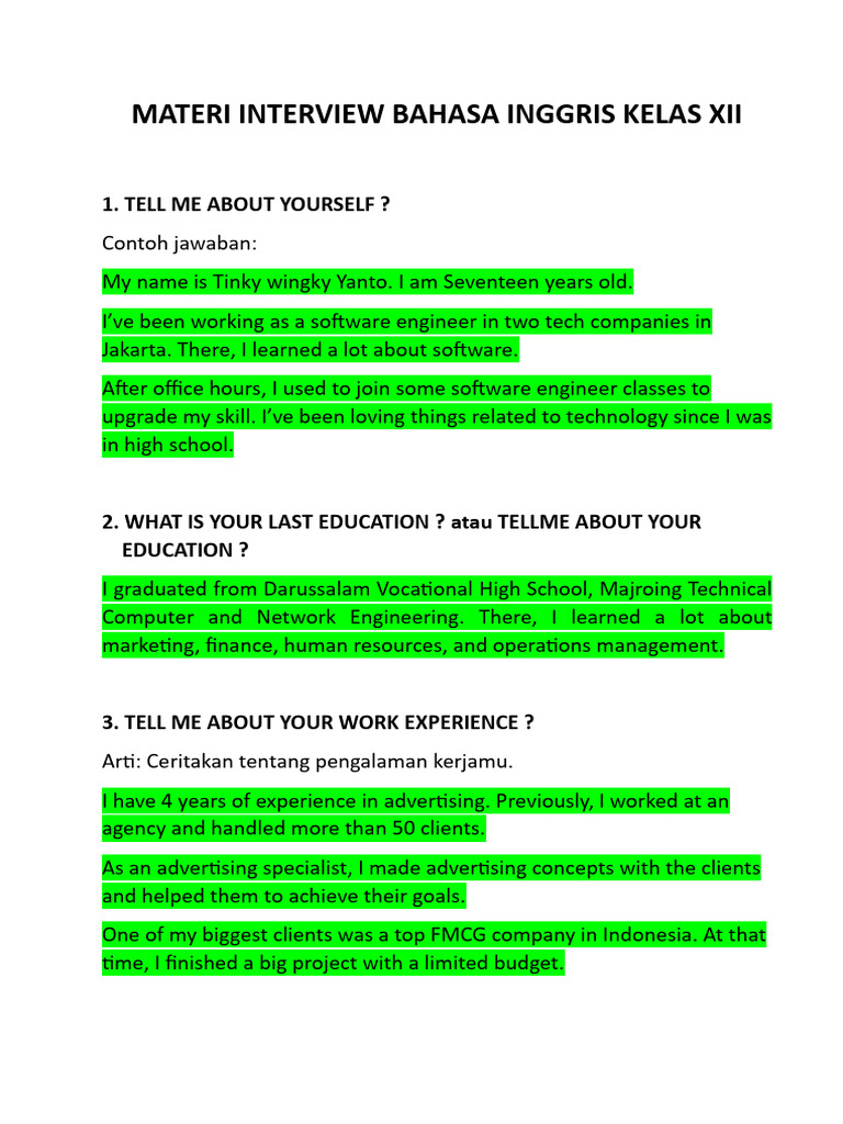Materi Interview Bahasa Inggris Kelas Xii | PDF