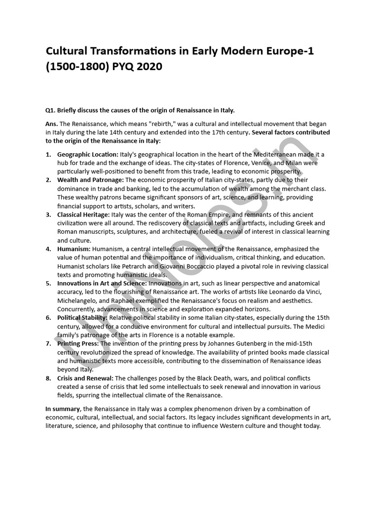 Cultural Transformations in Early Modern Europe I PYQ 2020 | PDF ...
