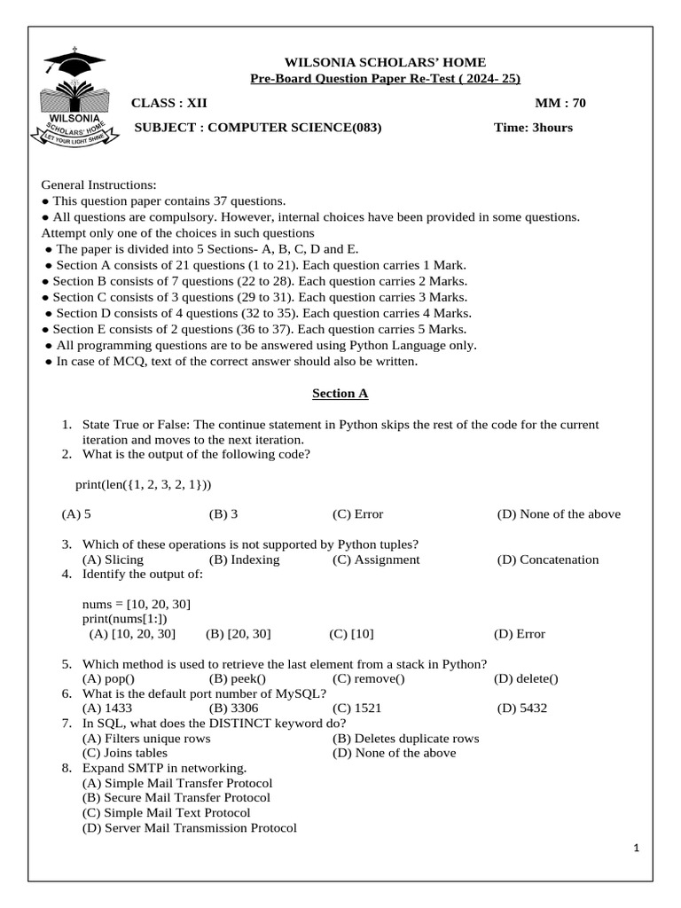 xii pre board re test | PDF | Sql | Computer Network