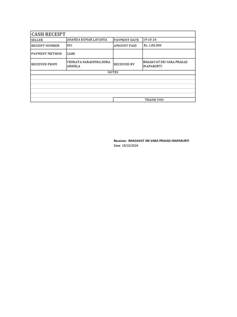 Cash Receipt Template 5 Excel | PDF
