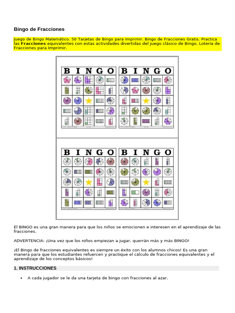 Bingo de Fracciones para Imprimir | PDF