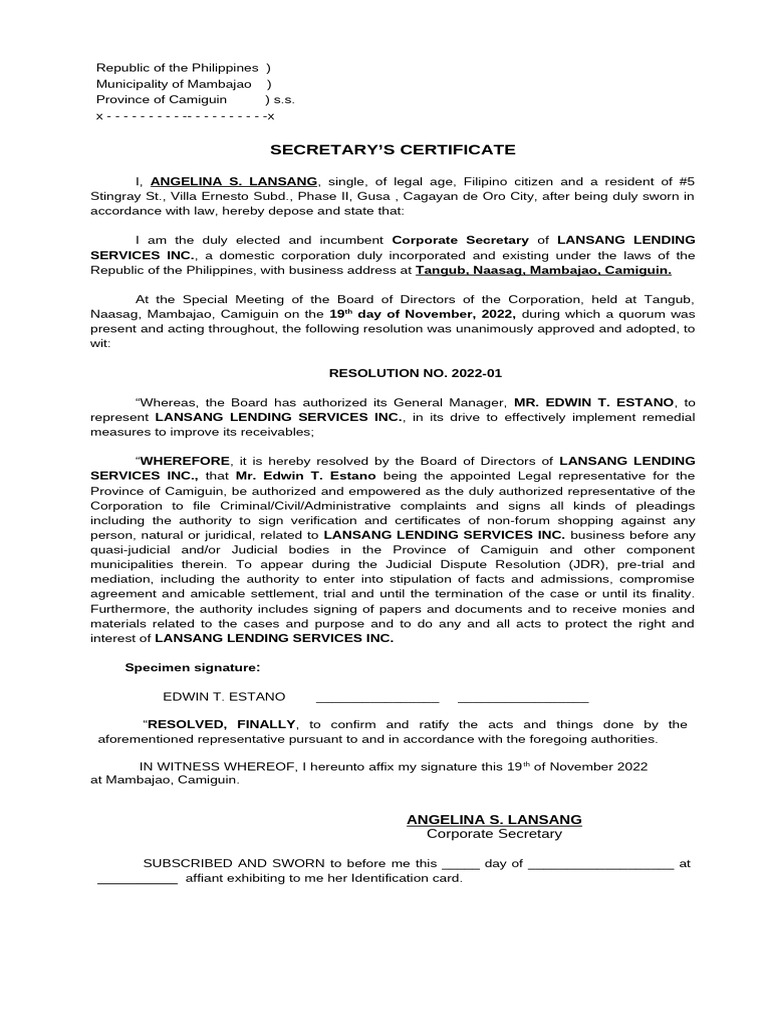 LLS Inc. SECRETARY's Certificate | PDF | Justice | Crime & Violence