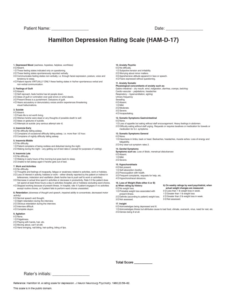 Hamilton Depression Rating Scale, 17 Item (HAM D 17) | PDF | Mental Health | Human Diseases And ...