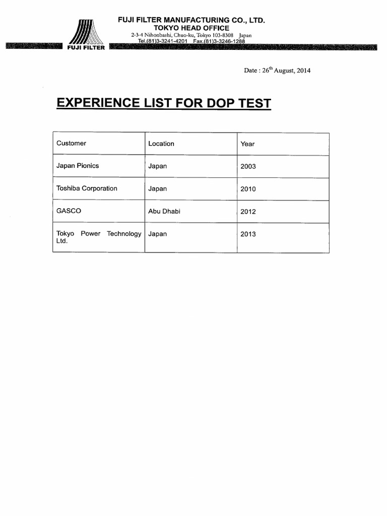 Experience List For DOP Test 20140826 | PDF