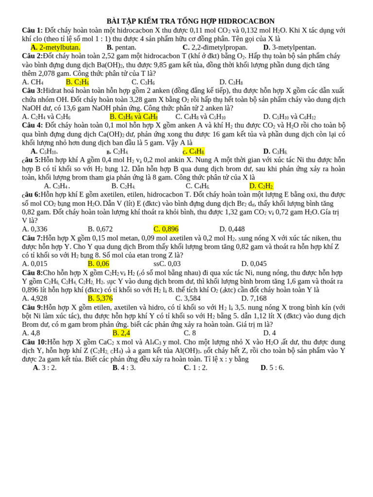A1- BÀI TẬP KIỂM TRA TỔNG HỢP HIDROCACBON | PDF