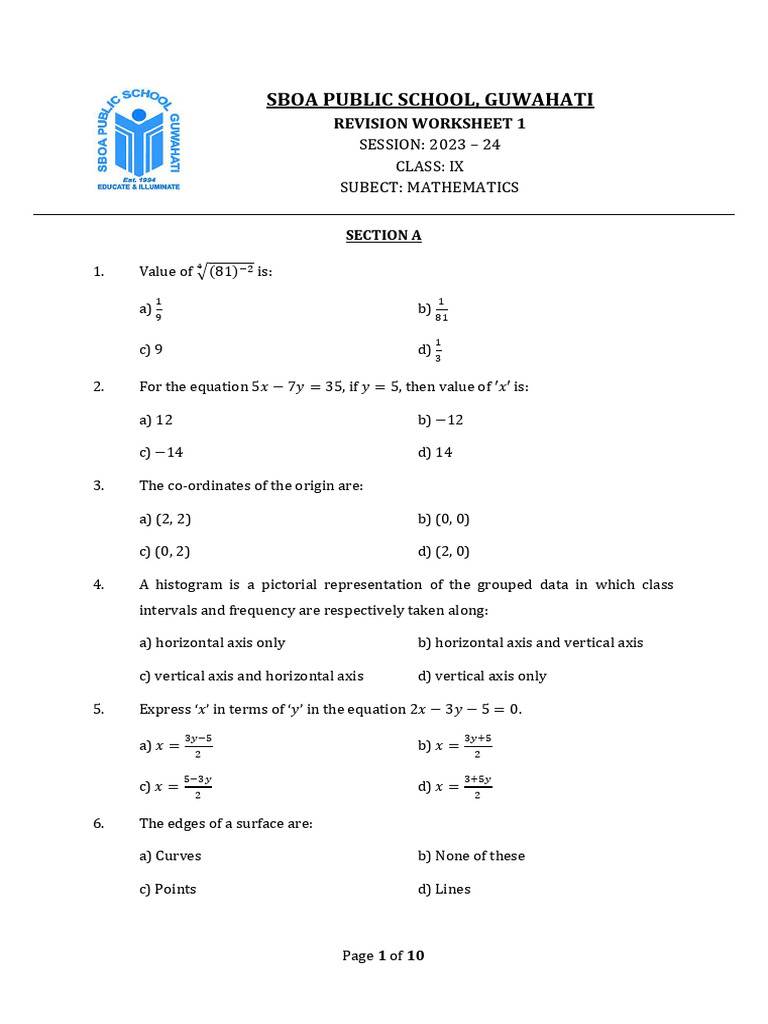 Class 9 - Revision Worksheet | PDF | Triangle | Area