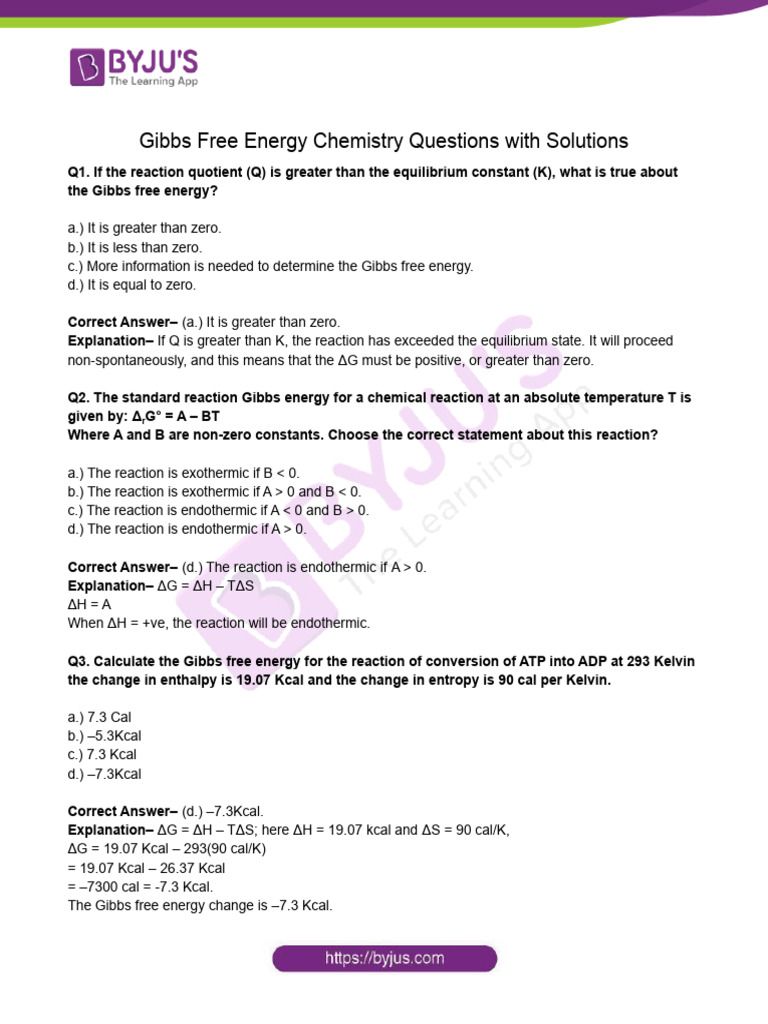 Gibbs-Free-Energy-Questions.docx | PDF | Gibbs Free Energy | Chemical ...