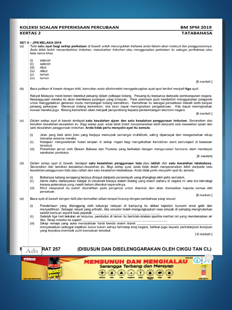 (Kertas 2) (Soalan + Skema) Tatabahasa (Percubaan Spm 2019 Se-malaysia) 2 | PDF