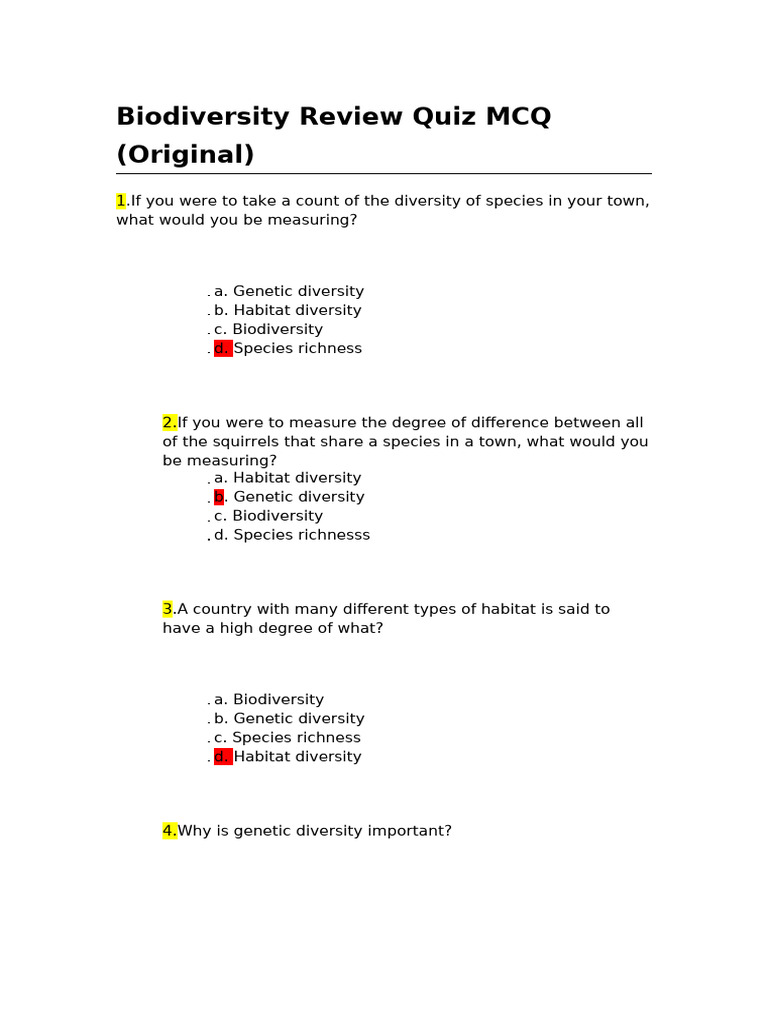 Biodiversity Review Quiz MCQ (Original) | PDF | Biodiversity | Ecosystem