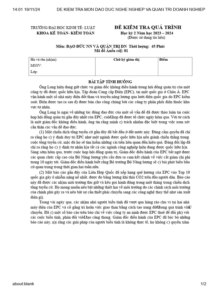 De Kiem Tra Mon Dao Duc Nghe Nghiep Va Quan Tri Doanh Nghiep | PDF