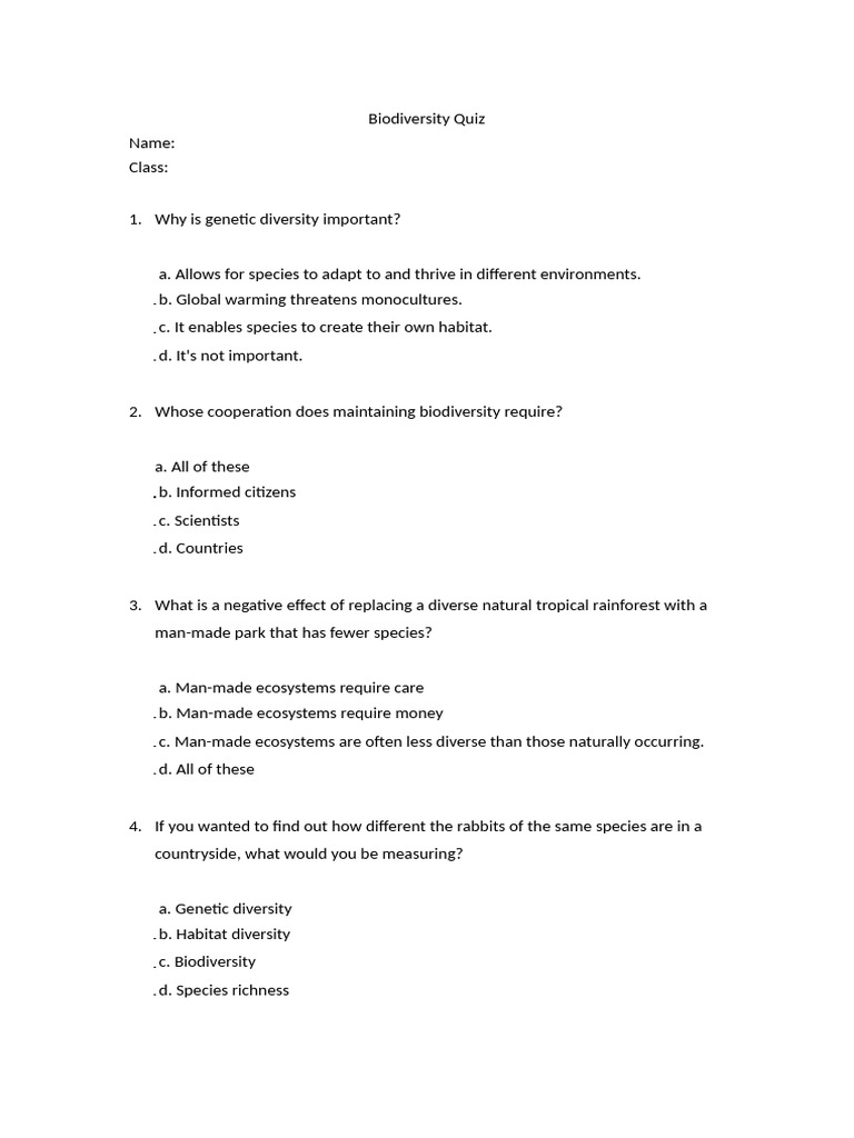 Biodiversity_Quiz_f | PDF | Biodiversity | Habitat