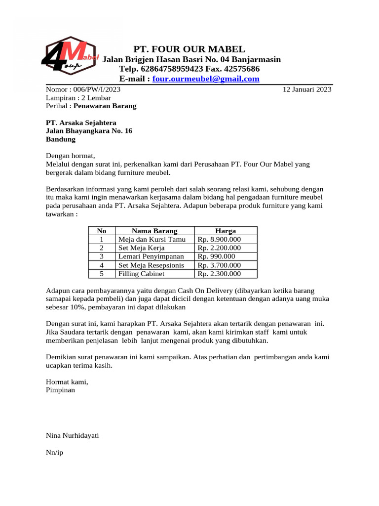 Surat Penawaran PT - Arsaka Sejahtera | PDF