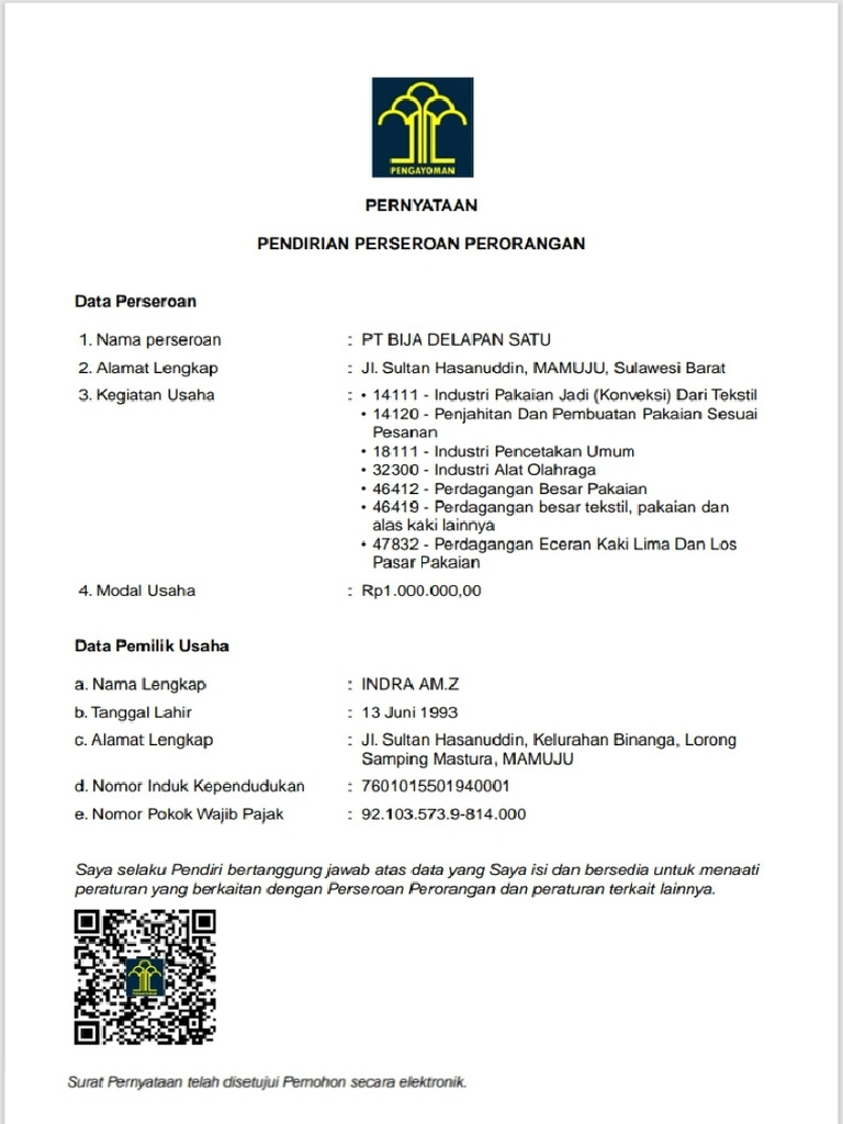 Surat Pernyataan Pendirian PT | PDF