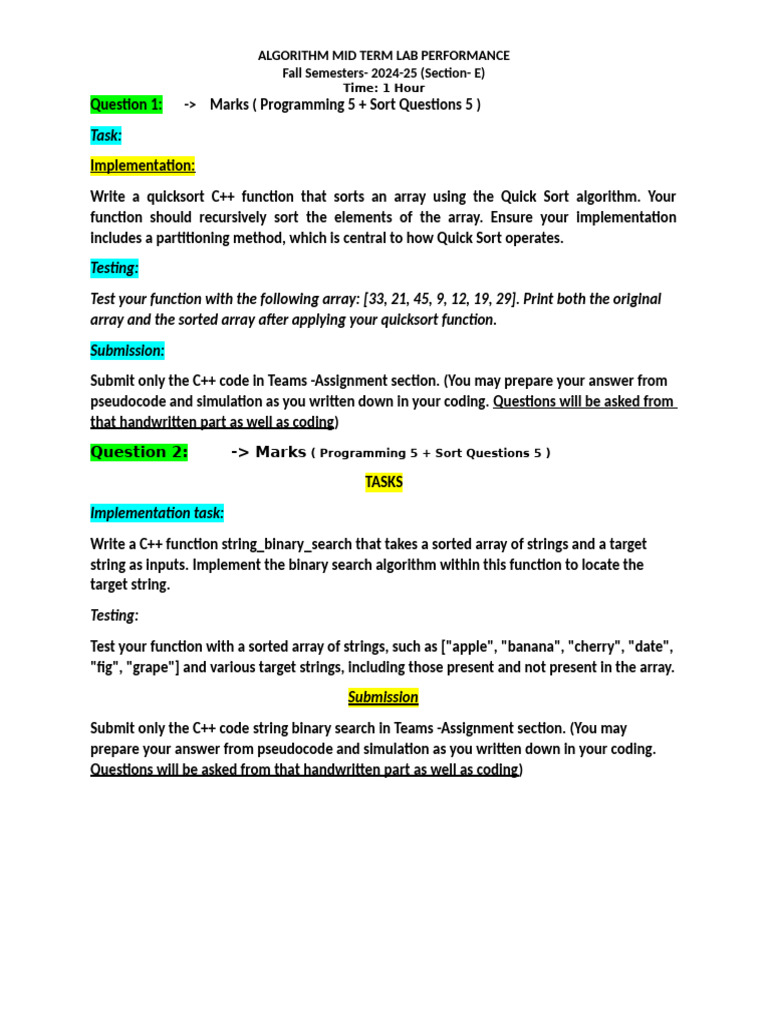 E Section-Lab Performance Algorithms For Mid Term | PDF