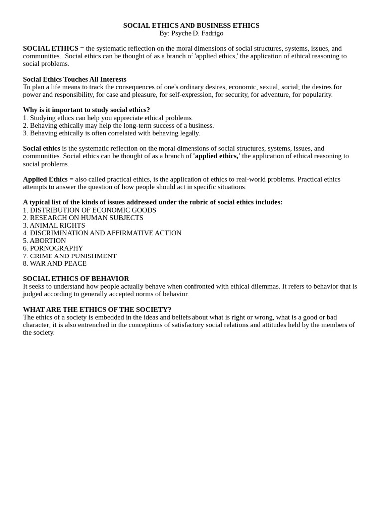 Social and Business Ethics Overview | PDF | Business Ethics | Morality